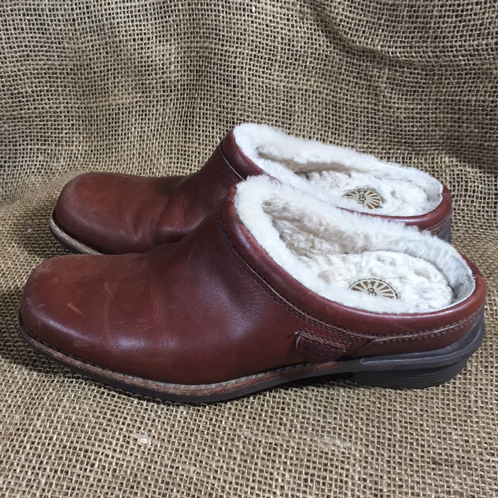 Ugg Brown Leather Mule Clog Shearling Lined - Gem